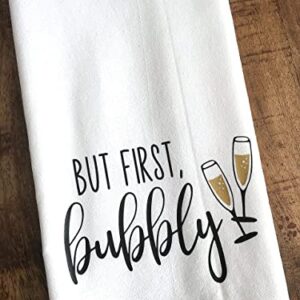 Handmade Funny Kitchen Towel - 100% Cotton Funny Hand Bar Towels for Champagne Celebrations - 28x28 Inch Perfect for Hostess Housewarming Christmas Mother’s Day Birthday Gift (But First Bubbly)