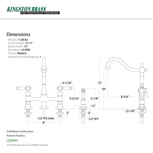 Kingston Brass KS1272BPLBS Bel-Air Bridge Kitchen Faucet, 8-3/4" in Spout Reach, Polished Brass