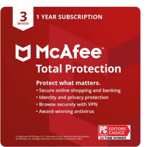 mcafee total protection | 3 device | antivirus internet security software | vpn, password manager, dark web monitoring | 1 year subscription | download code