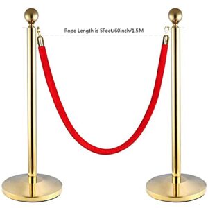 Red Velvet Stanchion Rope Crowd Control Rope Barrier with Gold Color Plated Hooks, 5 Foot