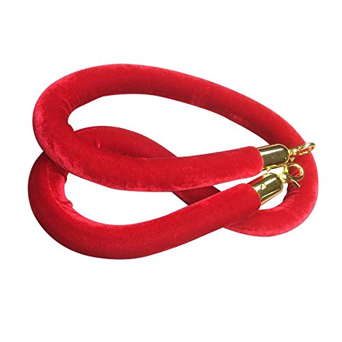 Red Velvet Stanchion Rope Crowd Control Rope Barrier with Gold Color Plated Hooks, 5 Foot