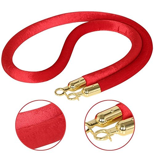 Red Velvet Stanchion Rope Crowd Control Rope Barrier with Gold Color Plated Hooks, 5 Foot