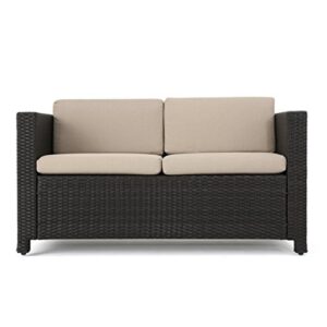 christopher knight home puerta outdoor wicker loveseat with cushions, dark brown / beige cushions