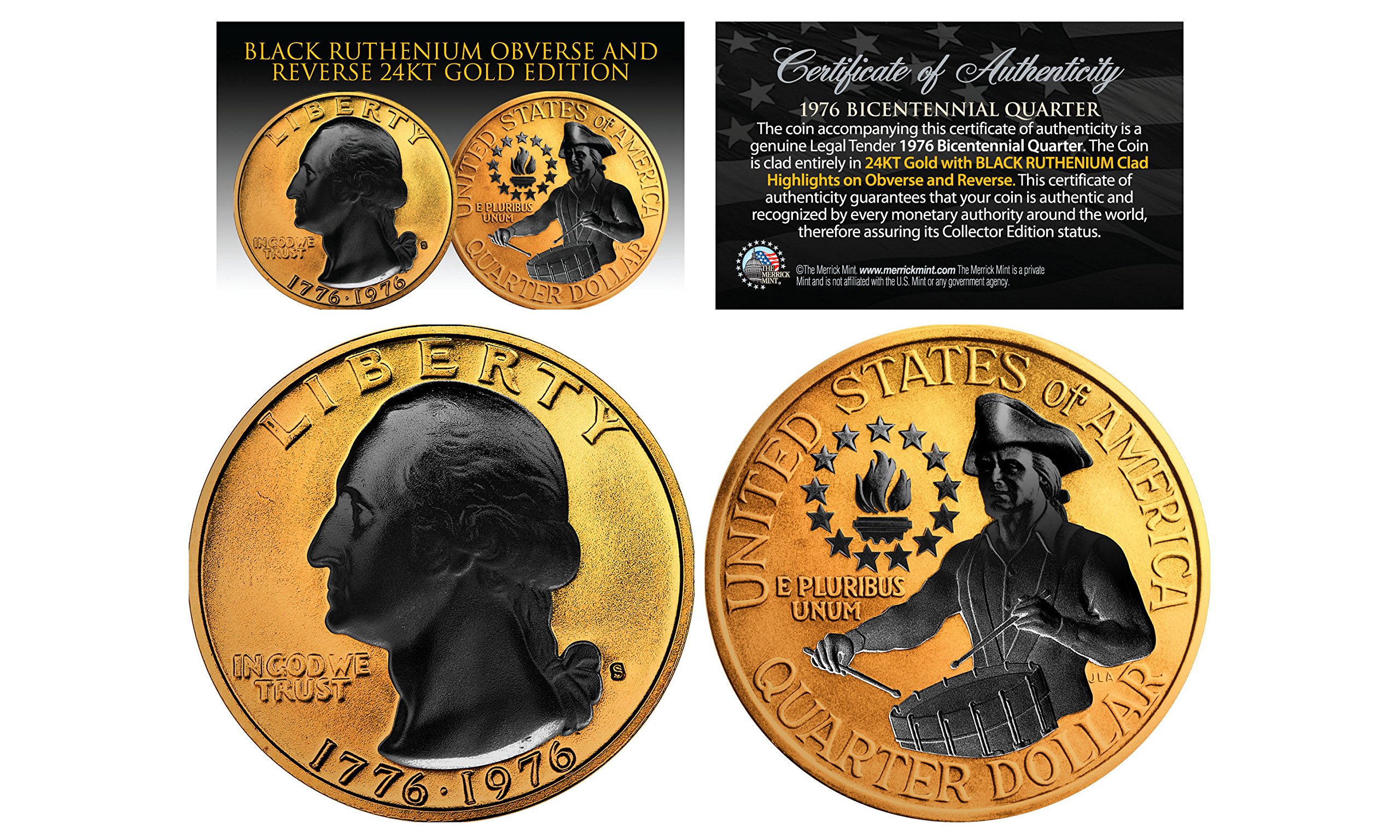 24K Gold Plated 2-Sided 1976 Bicentennial Quarter with Black Ruthenium Features