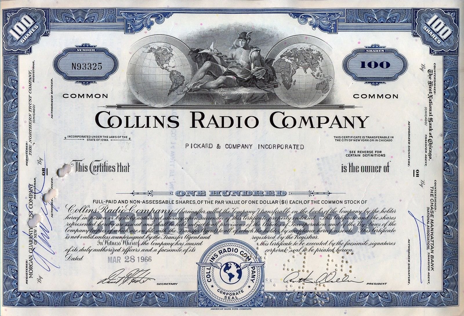 1965 SUPERB ART DECO VINTIAGE COLLINS RADIO STOCK CERTIFICATE! WW2 MILITARY and AEROSPACE COMMUNICATIONS! BUY 2 and 2ND COLOR SHIPS FREE! 100 SHARES (Blue) Unicrculated