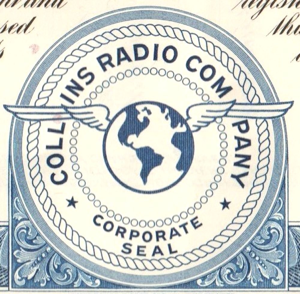 1965 SUPERB ART DECO VINTIAGE COLLINS RADIO STOCK CERTIFICATE! WW2 MILITARY and AEROSPACE COMMUNICATIONS! BUY 2 and 2ND COLOR SHIPS FREE! 100 SHARES (Blue) Unicrculated