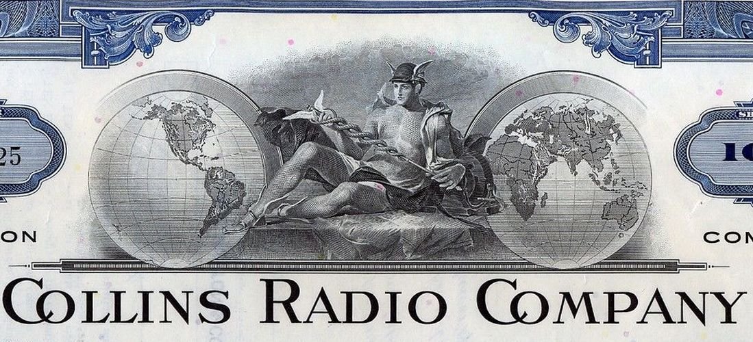 1965 SUPERB ART DECO VINTIAGE COLLINS RADIO STOCK CERTIFICATE! WW2 MILITARY and AEROSPACE COMMUNICATIONS! BUY 2 and 2ND COLOR SHIPS FREE! 100 SHARES (Blue) Unicrculated