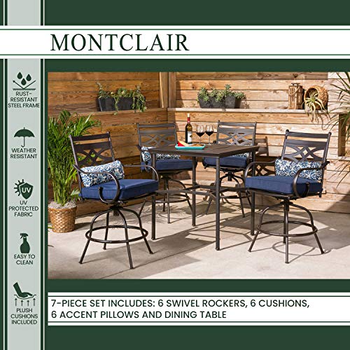 Hanover Montclair 7-Piece Steel Patio Dining Set with 6 Swivel Rockers, Navy Blue Cushions and Stamped Steel 40"x 67" Rectangular Dining Table, Outdoor Dining Set for 6, All Weather Patio Furniture