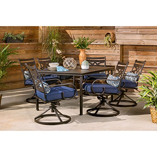 Hanover Montclair 7-Piece Steel Patio Dining Set with 6 Swivel Rockers, Navy Blue Cushions and Stamped Steel 40"x 67" Rectangular Dining Table, Outdoor Dining Set for 6, All Weather Patio Furniture