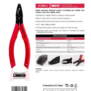 VAMPLIERS BRUTE 6.25" Stripped Screw Extraction Pliers. High Carbon Steel with Black Oxide Finish. Remove any Stripped/Damaged/Stuck Screws & Stubborn Fasteners. Made in Japan: VT-002-6