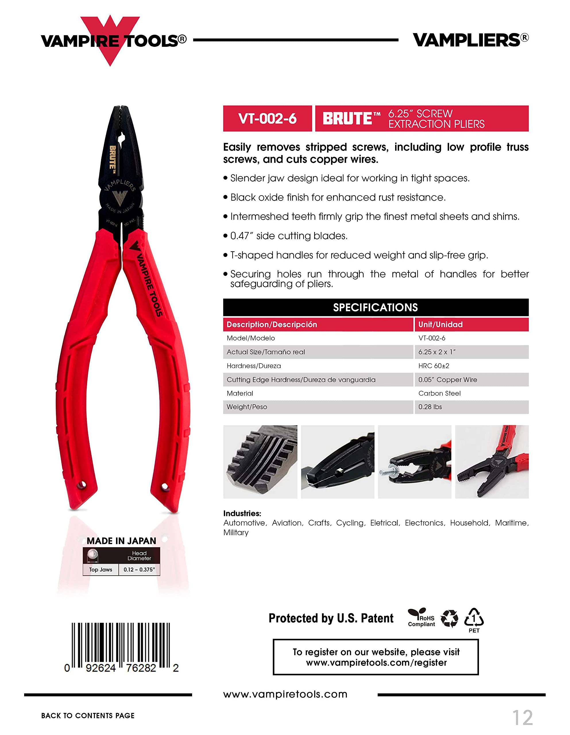 VAMPLIERS BRUTE 6.25" Stripped Screw Extraction Pliers. High Carbon Steel with Black Oxide Finish. Remove any Stripped/Damaged/Stuck Screws & Stubborn Fasteners. Made in Japan: VT-002-6