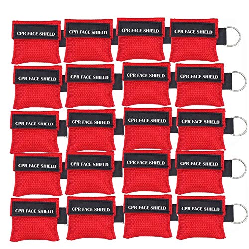 LSIKA-Z 20pcs CPR Face Shield Mask with Keychain Keying Emergency Kit CPR Face Shields Pocket Mask for First Aid or CPR Training (Red-20)