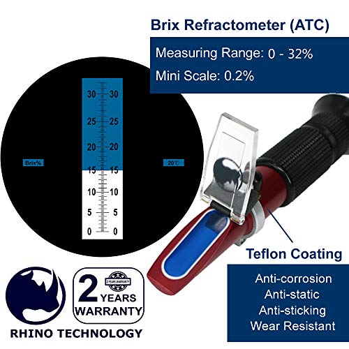 0 to 32% Brix Hand Held Refractometer（Teflon Coating）with Automatic Temperature Compensation, Rhino Handheld Refractometer with a Portable Holster