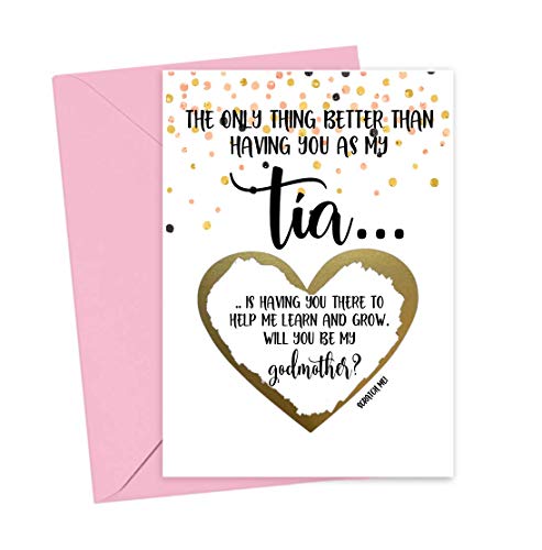 Spanish Will You Be My Godmother Scratch Off Card Proposal for Tia, from Goddaughter or Godson, Scratcher Proposal Card for Tia Promotion to Godmother…(Tia Godmother)