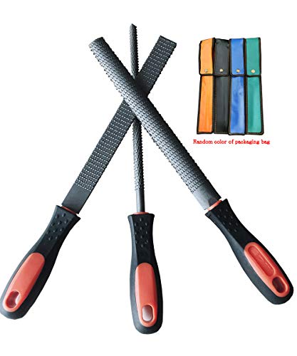 YCAMMIN 8" Wood Rasp File Set with Rubber Grip - Includes Hand Cut Round, Half-Round, and Flat Rasp File Kit - Curved and Flat Tools(3 Pcs) The Color of Packing Bag is Random