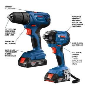 BOSCH 18V 2-Tool Combo Kit with 1/2 In. Compact Drill/Driver and 1/4 In. Hex Impact Driver GXL18V-26B22