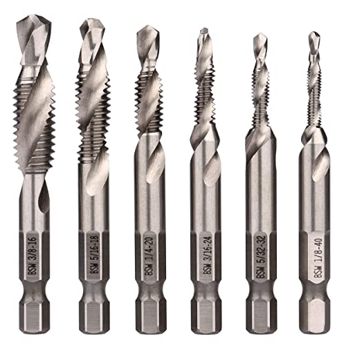 Wolfride 6Pcs 1/4-Inch Hex Shank Combination Drill and Tap Bit Set Metal Deburr Countersink Drill Bit 1/8 inch-3/8 inch