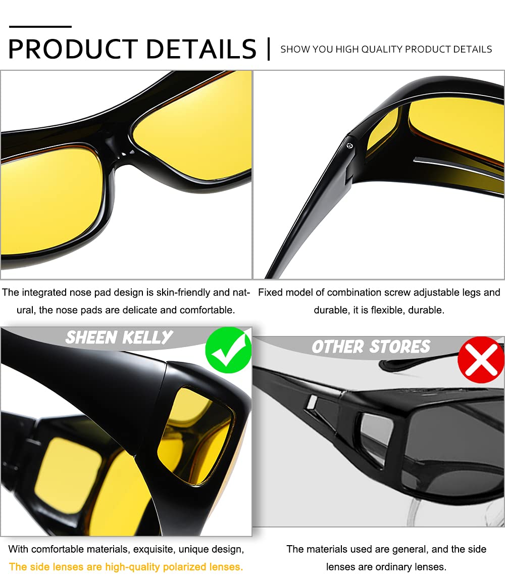 SHEEN KELLY Polarized Night Vision Glasses Driving Men Women Fit Over Prescription Eyewear Wrap Arounds Sunglasses Yellow Lens UV400