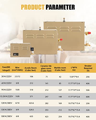 CGOLDENWALL 9KW Commercial Self-Draining Steam Generator Shower System Home Steam Bath Spa Generator 30 min to 12 Hours with Auto Drain 95-131℉ for Suitable Space Heating 9 m³/318 Cubic feet (9KW)