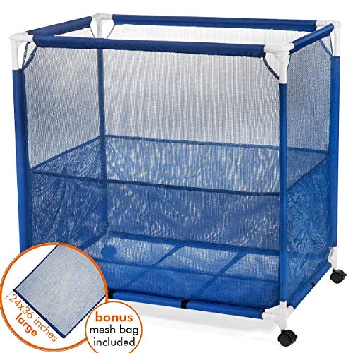 KITLIFE Pool Storage Bin – Rolling Poolside Mesh Container for Toys – Waterproof, UV Resistant Outdoor Organizer Box with Bonus Mesh Bag, Medium Size 36 x 36 x 24", Bonus Mesh Bag Included Blue