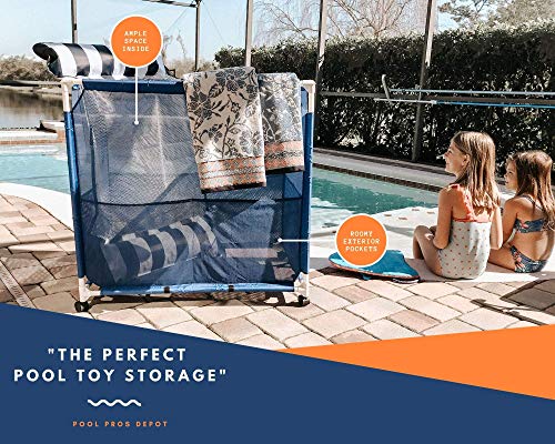 KITLIFE Pool Storage Bin – Rolling Poolside Mesh Container for Toys – Waterproof, UV Resistant Outdoor Organizer Box with Bonus Mesh Bag, Medium Size 36 x 36 x 24", Bonus Mesh Bag Included Blue