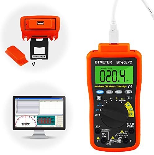 BTMETER BT-90EPC Digital Multimeter, Auto-Ranging AC/DC Volt Amp Ohm Temperature Electric Multi-Tester, w/USB to PC Link Sync for Data Logging