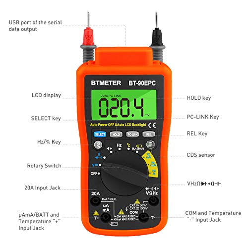 BTMETER BT-90EPC Digital Multimeter, Auto-Ranging AC/DC Volt Amp Ohm Temperature Electric Multi-Tester, w/USB to PC Link Sync for Data Logging