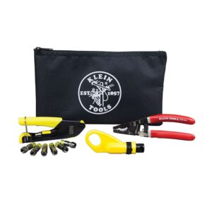 klein tools vdv026-211 coax installation kit with crimp tool, cable cutter, stripper and f connectors with storage bag