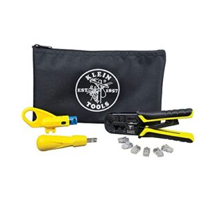 klein tools vdv026-212 coax installation kit with crimp tool, cable cutter, stripper and f connectors with storage bag