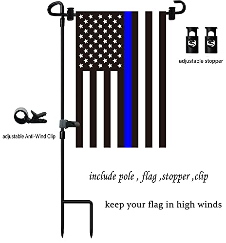 Akeydeco Garden Flag Stand & American Flag, Thin Blue Line Garden Flag with Anti-Wind Clip,Stopper,Weatherproof 2 Sided 12.5 x 18 Inch Patriotic US Flag Banner Keep Your Flags from Flying Away in High Winds