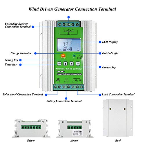 1000W Wind Solar Hybrid Charge Controller ，Off Grid MPPT Wind Turbine Solar Charge Controller Hybrid Controller 600W Wind and 400W Solar Panel 12V/24V Auto Distinguish