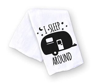 handmade funny i sleep around rv camping kitchen towel - 100% cotton funny sayings dish towel - 28x28 inch perfect for housewarming christmas camping gifts (i sleep around)