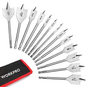 workpro 13-piece spade drill bit set in sae, paddle flat bits for woodworking, nylon storage pouch included