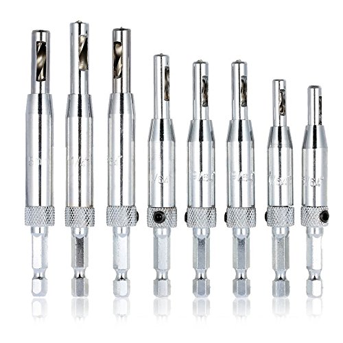 8 pcs Center Drill Bit Set, AFUNTA Self Centering Hinge Tapper Core Hole Puncher Woodworking Tools for Cabinet Door 5/64'' 7/64'' 9/64'' 11/64'' 13/64'' 5mm 1/4''