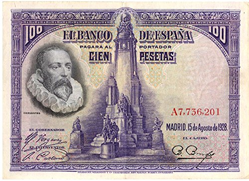 1928 ES THE DON QUIXOTE BANKNOTE! 1 OF SPAIN'S LOVELIEST LARGE BANKNOTES! SCARCE SO NICE! 100 PESETAS Choice Crisp AU (Looks Uncirculated)