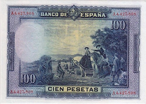 1928 ES THE DON QUIXOTE BANKNOTE! 1 OF SPAIN'S LOVELIEST LARGE BANKNOTES! SCARCE SO NICE! 100 PESETAS Choice Crisp AU (Looks Uncirculated)