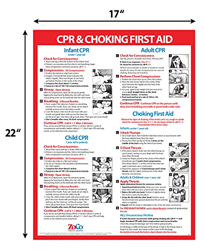 CPR Poster - Heimlich Maneuver Restaurant Sign - Laminated, 17 x 22 inches - Infant, Child, Adult CPR and Choking First Aid Poster - School Nurse Office Decor