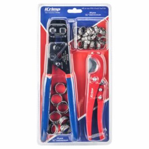 icrimp ratchet pex cinch tool with removing function for 3/8 to 1-inch stainless steel clamps with 20pcs 1/2-inch and 10pcs 3/4-inch pex clamps and pipe cutter- all in one