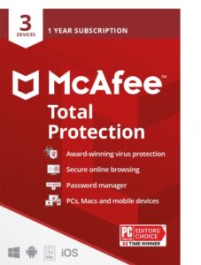 mcafee total protection | 3 device | antivirus internet security software | vpn, password manager, dark web monitoring | 1 year subscription | key card