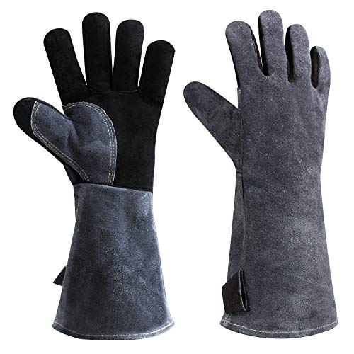 OZERO 932°F Heat Resistant Welding Gloves 16 inches Cowhide Leather - Long Sleeve and Insulated Lining BBQ Glove for Tig Welder/Mig/Grill/Barbecue/Green Egg/Stove Black-gray