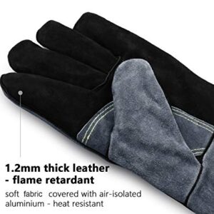 OZERO 932°F Heat Resistant Welding Gloves 16 inches Cowhide Leather - Long Sleeve and Insulated Lining BBQ Glove for Tig Welder/Mig/Grill/Barbecue/Green Egg/Stove Black-gray