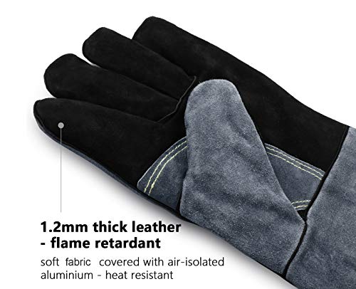 OZERO 932°F Heat Resistant Welding Gloves 16 inches Cowhide Leather - Long Sleeve and Insulated Lining BBQ Glove for Tig Welder/Mig/Grill/Barbecue/Green Egg/Stove Black-gray