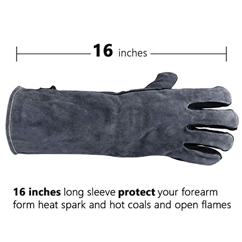 OZERO 932°F Heat Resistant Welding Gloves 16 inches Cowhide Leather - Long Sleeve and Insulated Lining BBQ Glove for Tig Welder/Mig/Grill/Barbecue/Green Egg/Stove Black-gray