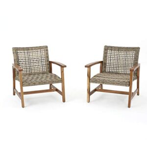 christopher knight home hampton outdoor mid-century wicker club chairs with acacia wood frame, 2-pcs set, natural stained / grey