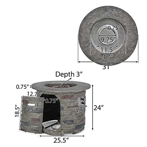 Christopher Knight Home Hoonah Circular MGO Fire Pit with Grey Top - 40,000 BTU, 32", Natural Stone / Grey Top