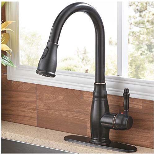 SHACO Antique Single Handle Pull Down Sprayer Oil Rubbed Bronze Kitchen Faucet, Farmhouse Kitchen Faucet Bronze with Deck Plate, Copper Kitchen Faucets for Sink 3 Hole or Single Hole