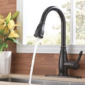 SHACO Antique Single Handle Pull Down Sprayer Oil Rubbed Bronze Kitchen Faucet, Farmhouse Kitchen Faucet Bronze with Deck Plate, Copper Kitchen Faucets for Sink 3 Hole or Single Hole