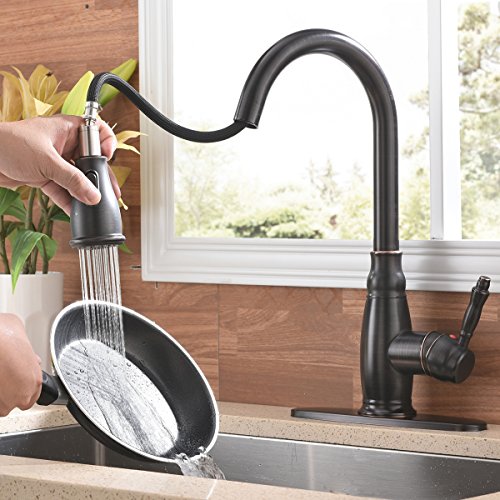 SHACO Antique Single Handle Pull Down Sprayer Oil Rubbed Bronze Kitchen Faucet, Farmhouse Kitchen Faucet Bronze with Deck Plate, Copper Kitchen Faucets for Sink 3 Hole or Single Hole