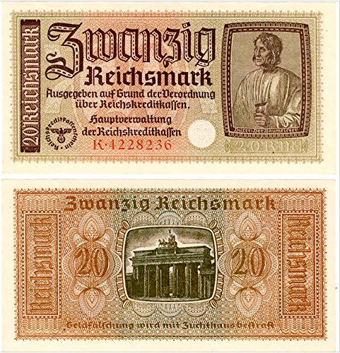 1941 THE SUPREME WW2 NAZI BANKNOTE! THE MASTER BUILDER, BRANDENBURG GATE, 2 SWATIKAS! RARE SO CRISP!E 29 RIECHSMARKS Seller Gem Crisp AU-CU