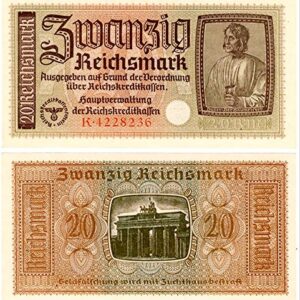 1941 THE SUPREME WW2 NAZI BANKNOTE! THE MASTER BUILDER, BRANDENBURG GATE, 2 SWATIKAS! RARE SO CRISP!E 29 RIECHSMARKS Seller Gem Crisp AU-CU